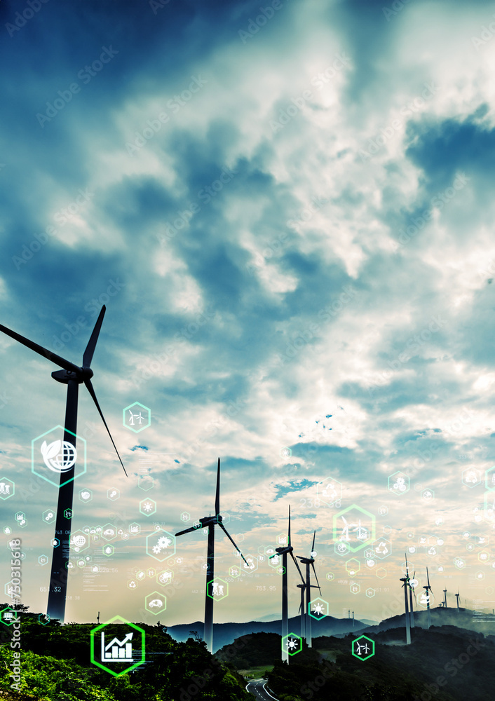 Wind power plant and environmental technology concept. Smart energy ...