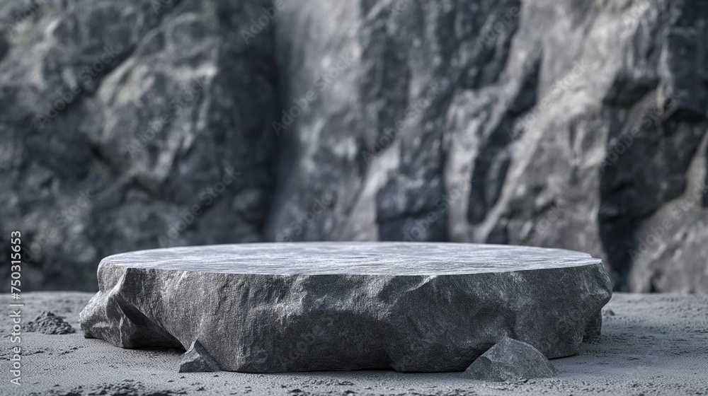Blank stone podium against rock background for product display. 3D ...