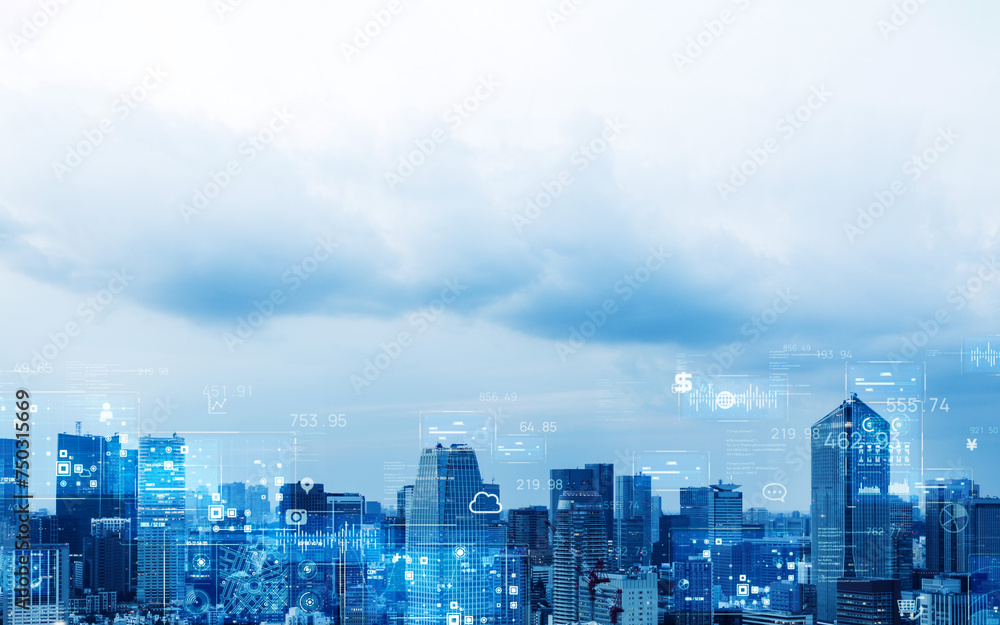 Modern city and digital technology concept. Smart city. Digital ...