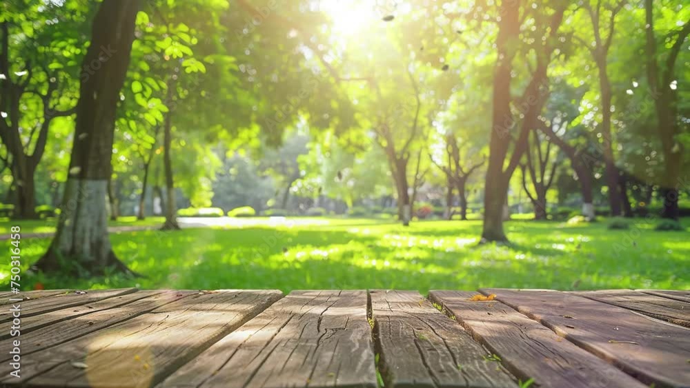 green forest with wooden table. empty wood table top and blurred green ...