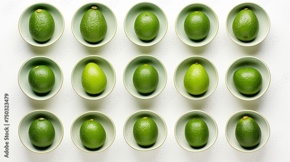 Freshly picked avocados displayed in elegant glass bowls on a pristine ...