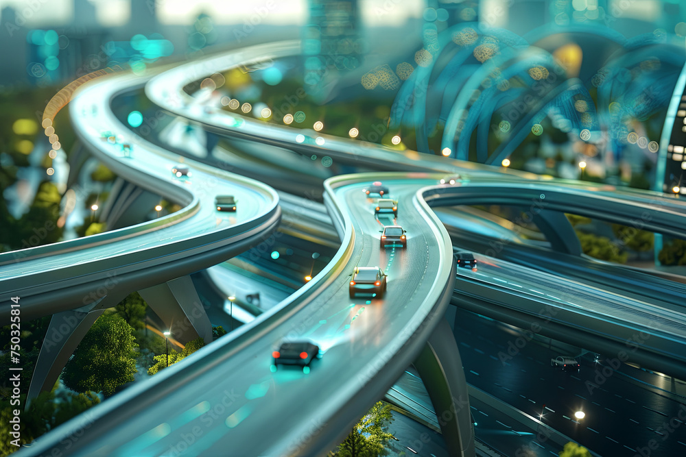 Futuristic road designed for intelligent self-driving cars, with an ...