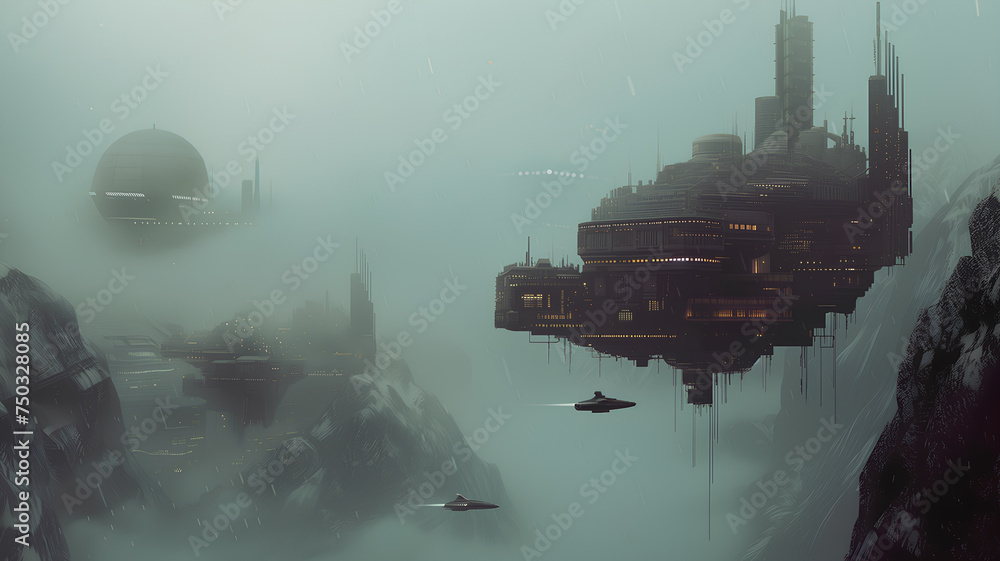 Futuristic Cityscape Suspended Over Mountains . A dystopian vision of a ...