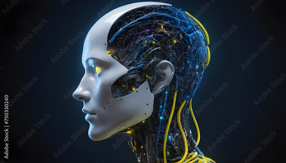 Side view of a humanoid head with blue and yellow eyes and vibrant neon ...