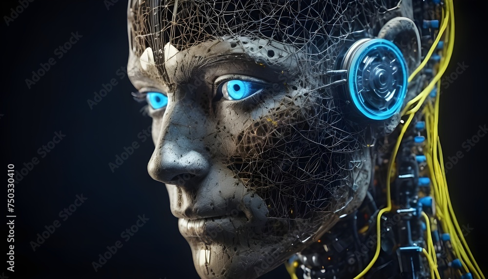 Side view of a humanoid head with blue and yellow eyes and vibrant neon ...