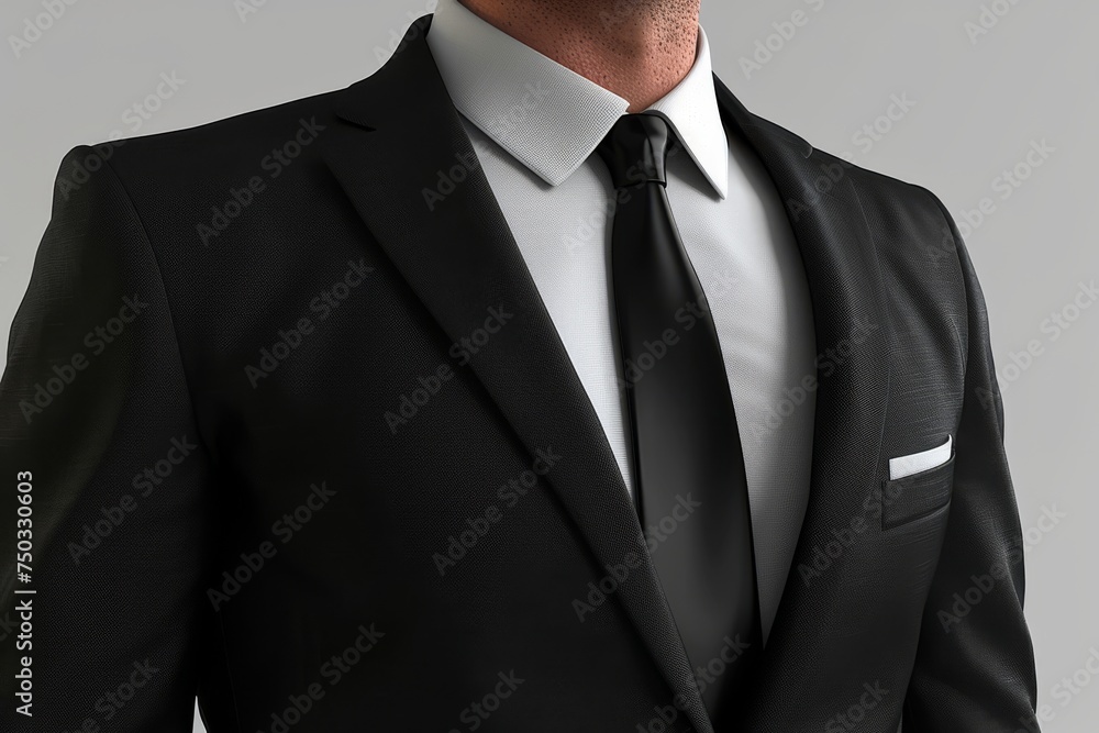 sharp black suit and tie are modeled on a mannequin, ready to impress ...