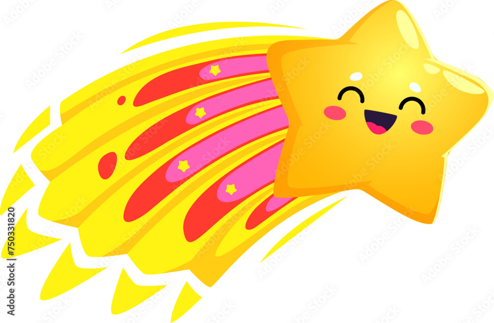 Cartoon cute cheerful kawaii falling star, happy character. Isolated ...