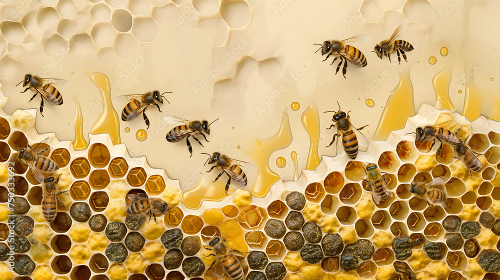 Cross Sectional Illustration Of Honeycomb Bees And Nectar The Process Of Extracting Honey