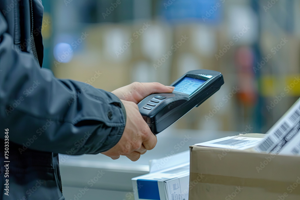 Worker scanning a package with a warehouse barcode scanner in a modern ...