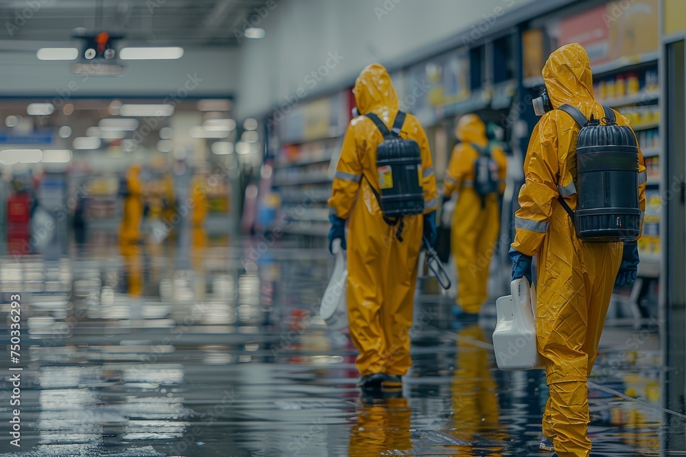 Two men in yellow hazmat suits are walking through a wet, flooded area ...