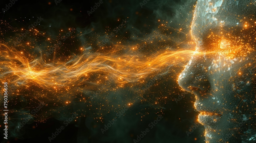 a close up of a person's face with a yellow light coming out of the ...