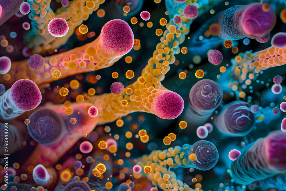Diverse colorful abstract microbiome, containing many different types ...