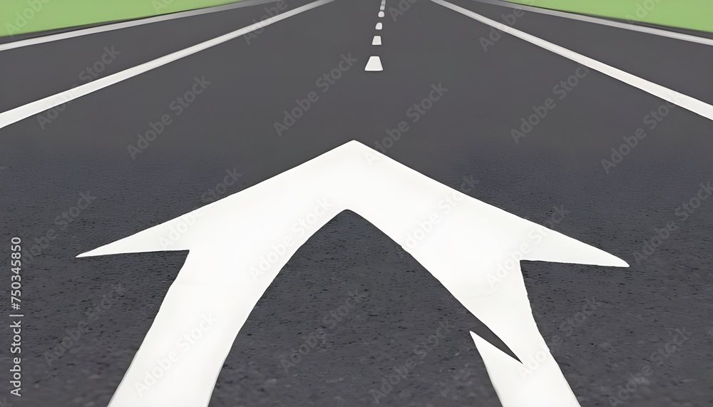 An asphalt road stretches into the distance with a painted white arrow ...