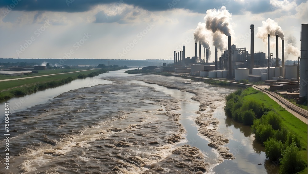 Industrial pollution depicted through wastewater discharge from factories into rivers and seas ...