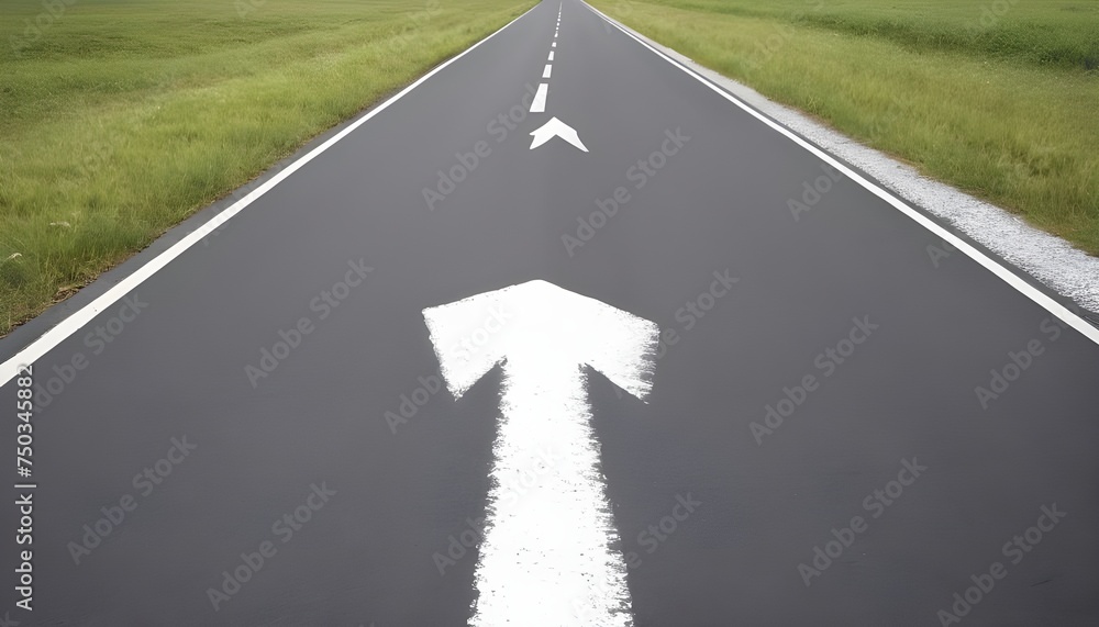 An asphalt road stretches into the distance with a painted white arrow ...