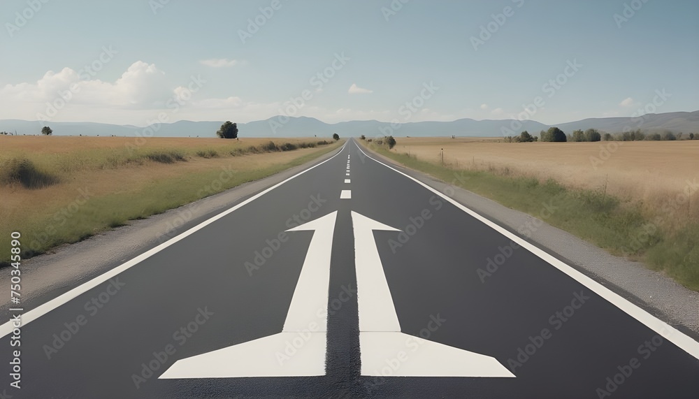 An asphalt road stretches into the distance with a painted white arrow ...