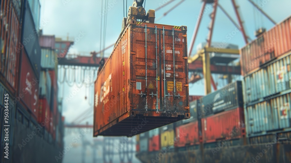 A shipping container being lifted by a crane ready to be loaded onto a ...
