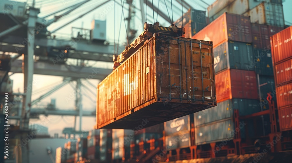A shipping container being lifted by a crane ready to be loaded onto a ...