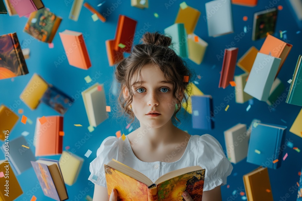 girl with autism reading a book, with her mind filled with a variety of ...