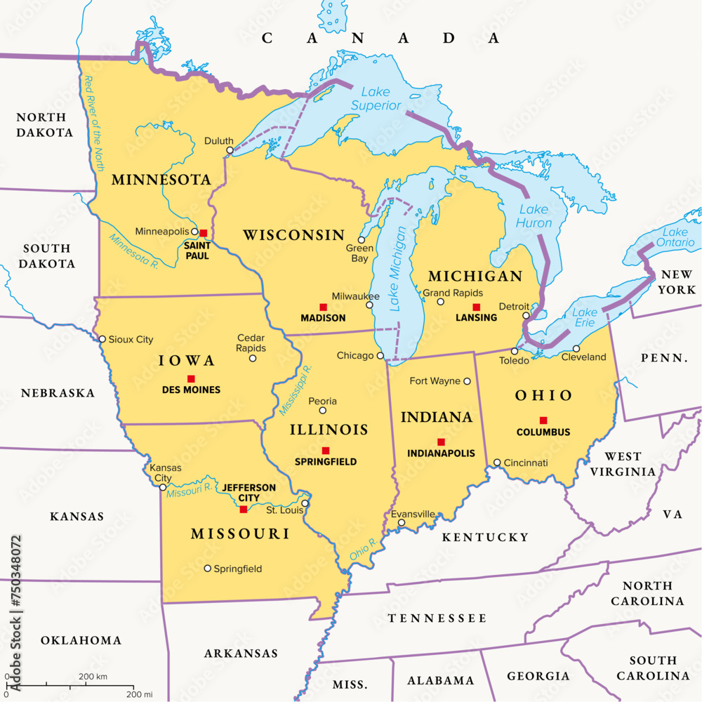 Poster Midwest Region of the United States, political map – Wall Art ...