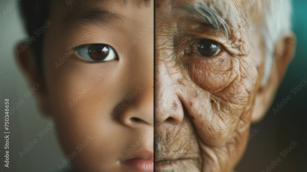 Portrait of an Asian male with him as a young boy and him aging to an ...