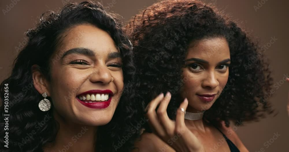Happy woman, face and friends with makeup, cosmetics or beauty on a ...