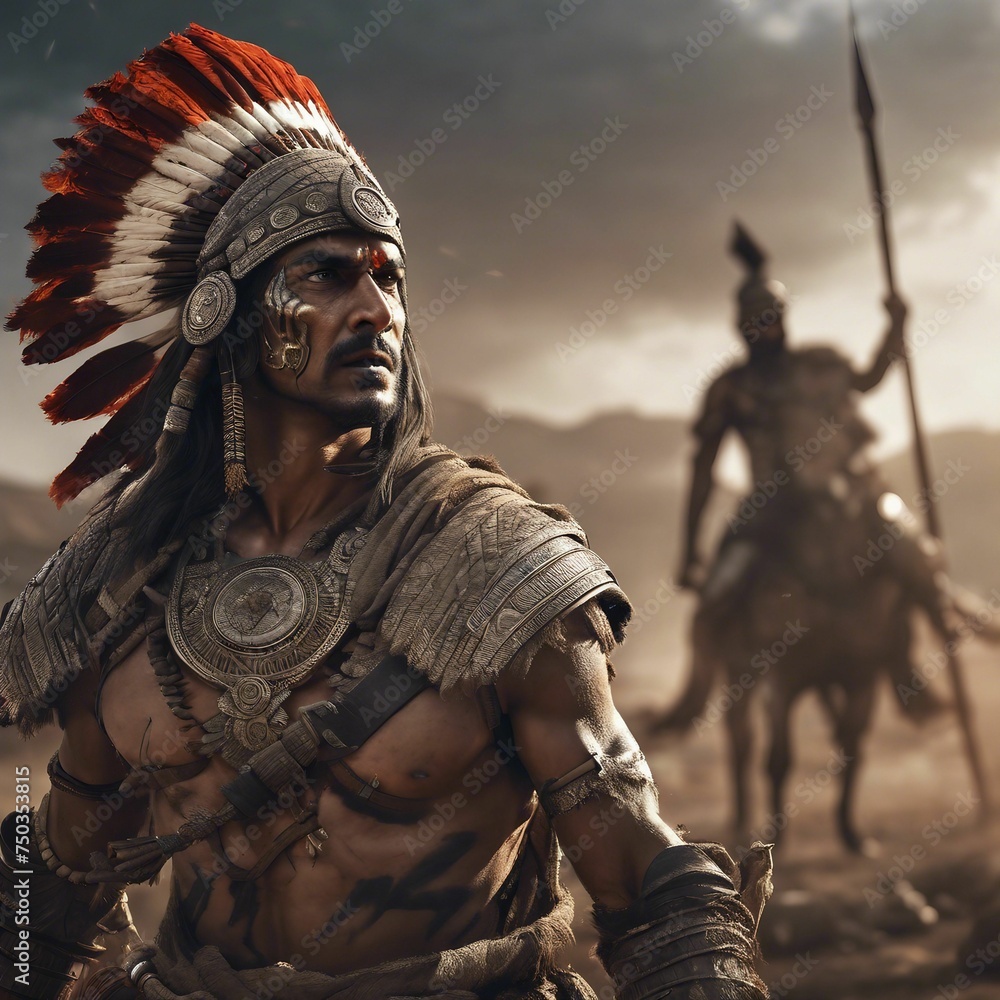 Tribal leader in headdress standing before an audience of men in ...