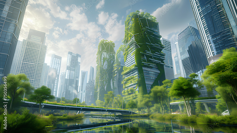 Futuristic Eco-Friendly Cityscape with Green Skyscrapers . A visionary ...