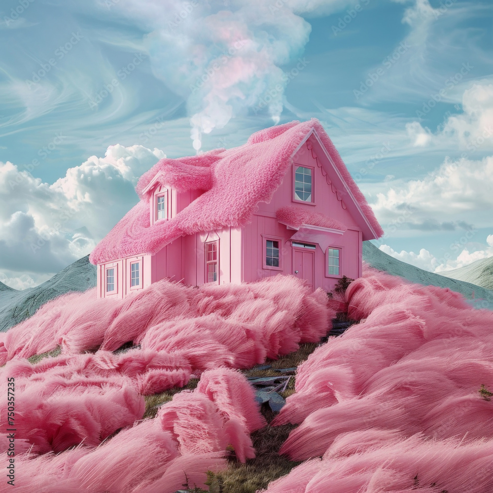 An artistic representation of a quaint pink house surrounded by ...