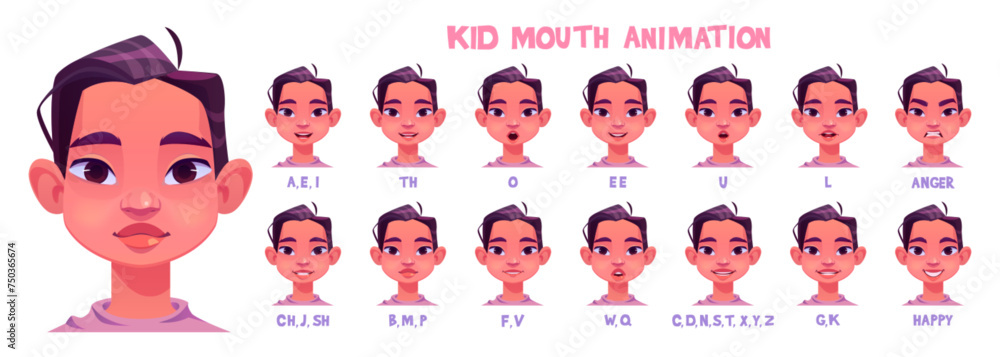 Kid girl mouth animation kit. Cartoon vector illustration set of female ...