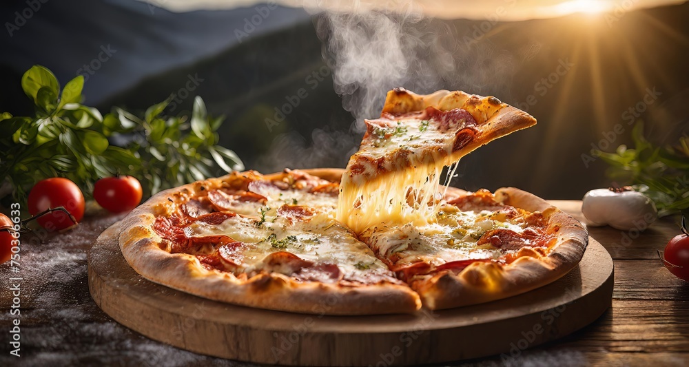 Pizza Close Up Set against a dark, dramatic backdrop, a steaming slice ...