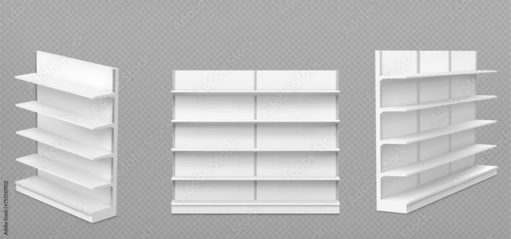 White empty supermarket shelf mockup with racks for product display ...