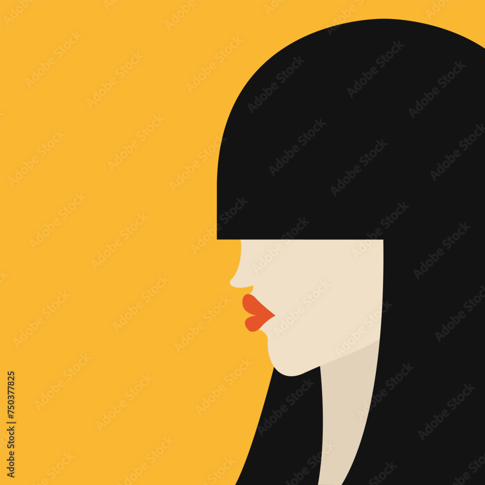 Portrait of brunette woman with long bangs hair. Profile view. Avatar ...