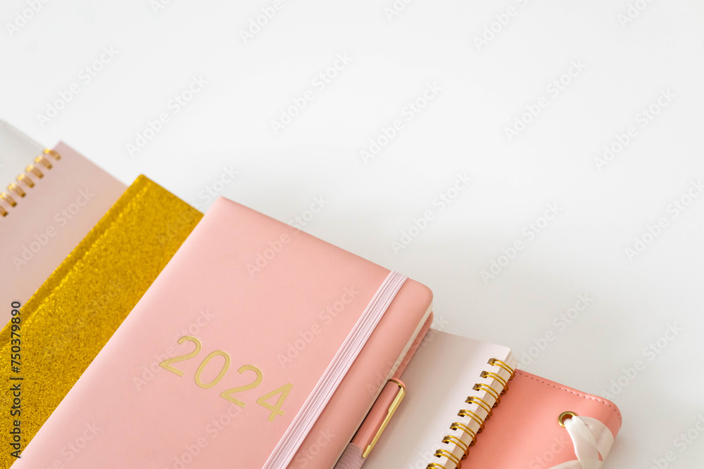 Pink coral colored diary for the year 2024 and many other diaries, pen ...