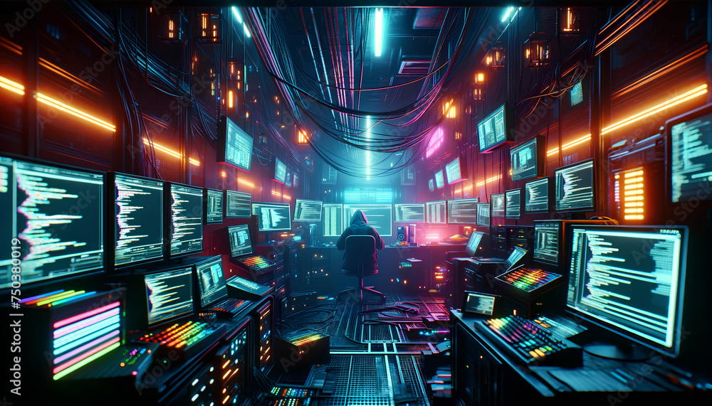 Futuristic Cybersecurity Hub with Hacker at Work: High-Tech Digital ...