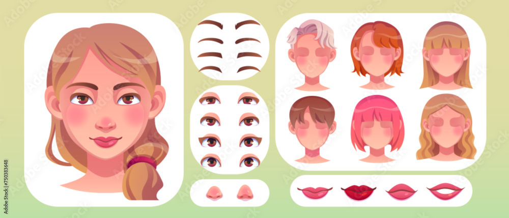 Woman face construction kit with various forms of eyes and brows, nose ...