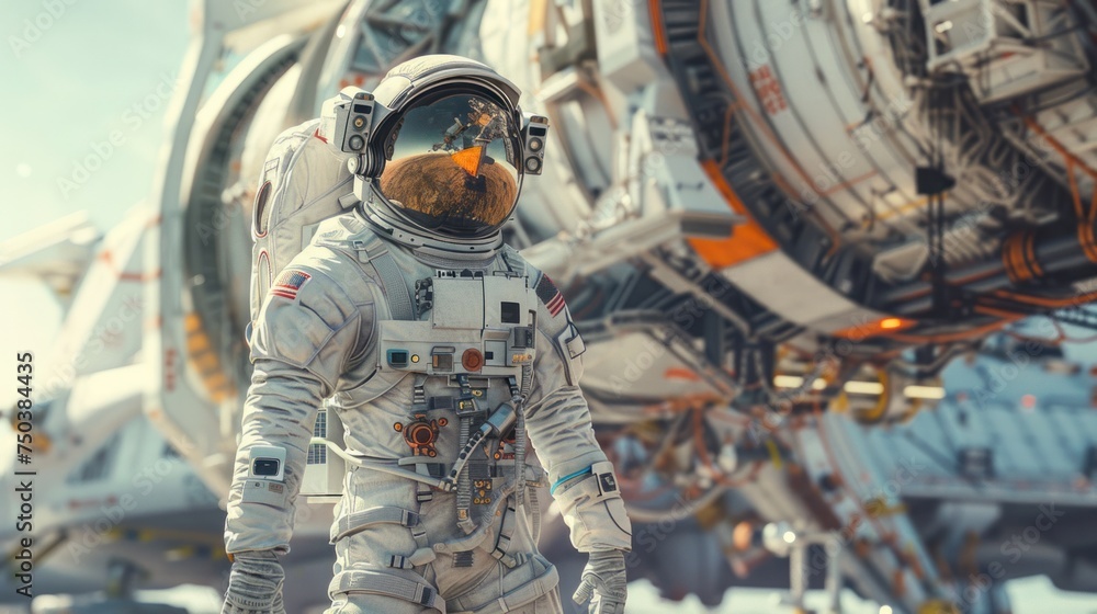 The spacecraft is refueled at the refueling station. Astronaut at the ...