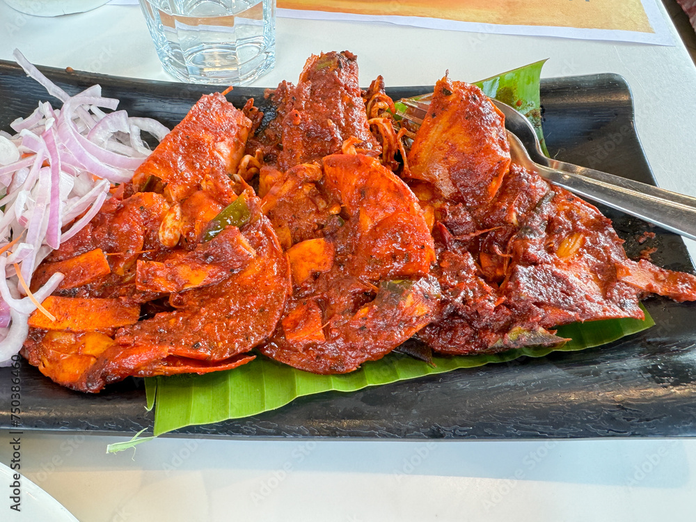 spicy hot Prawn roast shrimp fry masala fish curry. Indian food fish ...