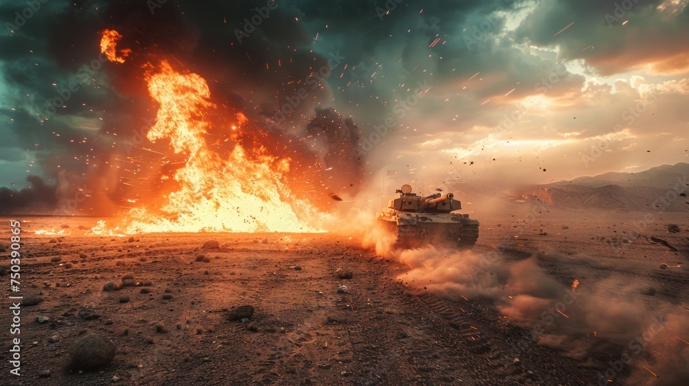 An epic invasion war scene with fire and the desert and armored tanks ...