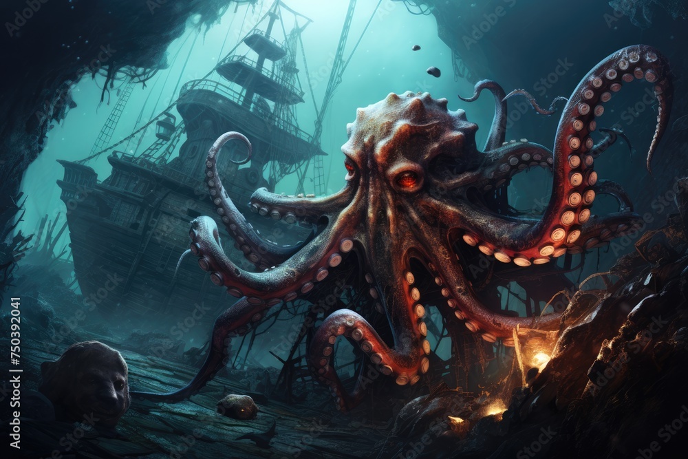 An octopus exploring a sunken pirate ship. Treasure Hunt, Octopus ...