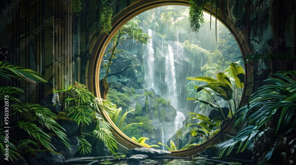 Rainforest Stream View. A circular window frames a verdant rainforest ...