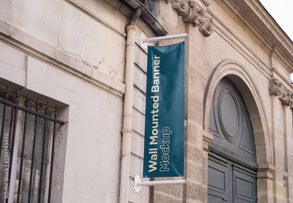 Mockup of customizable vertical banner outside building Stock Template ...