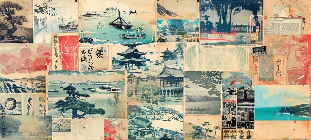 Japanese collage mural. An extensive set of vintage Japanese imagery ...