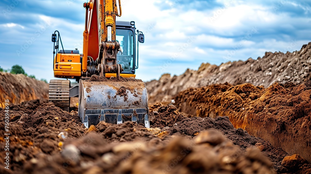 Backhoe working by digging soil at construction site. Bucket of backhoe ...
