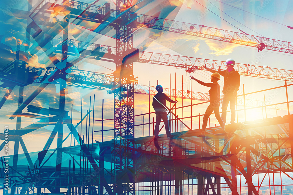 workers on construction site, engineering construction infrastructure ...