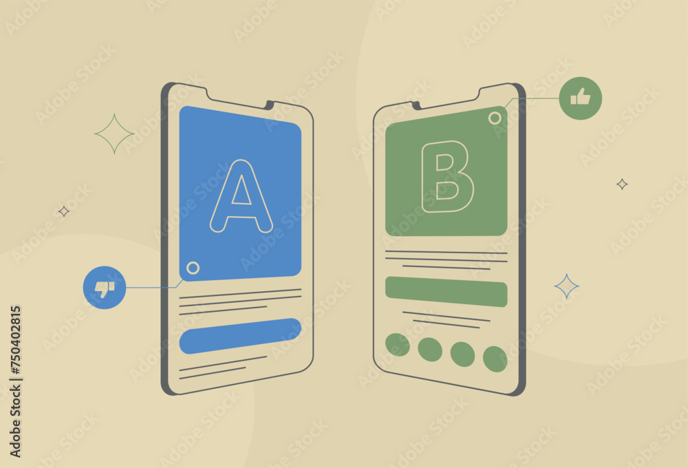 AB testing graphics, mobile app split test comparison icons, data ...