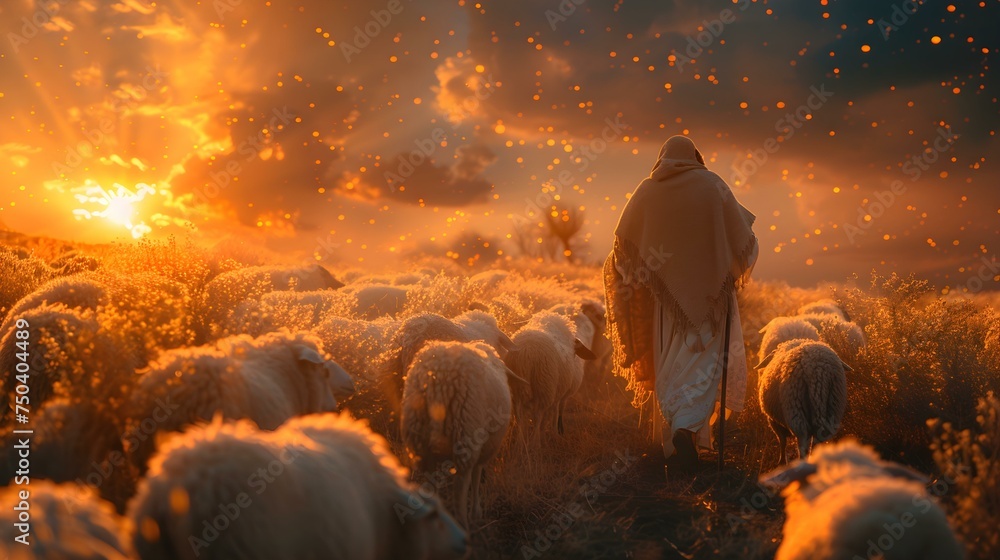 Shepherd Jesus guides flock and prays in illuminated field under ...