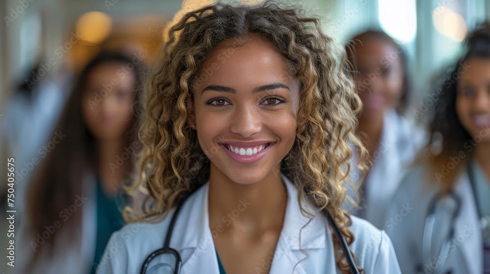 A diverse group of female health students smile on their way back from ...