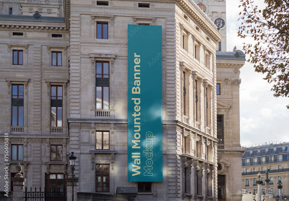 Mockup of customizable vertical banner on building Stock Template ...