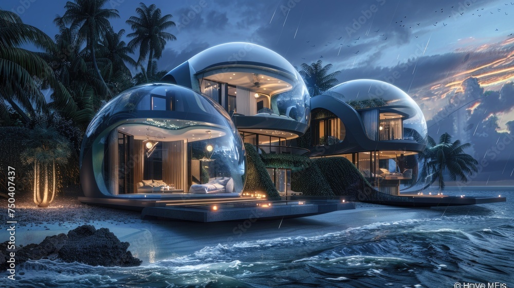 Underwater residential complex, with transparent domes housing ...